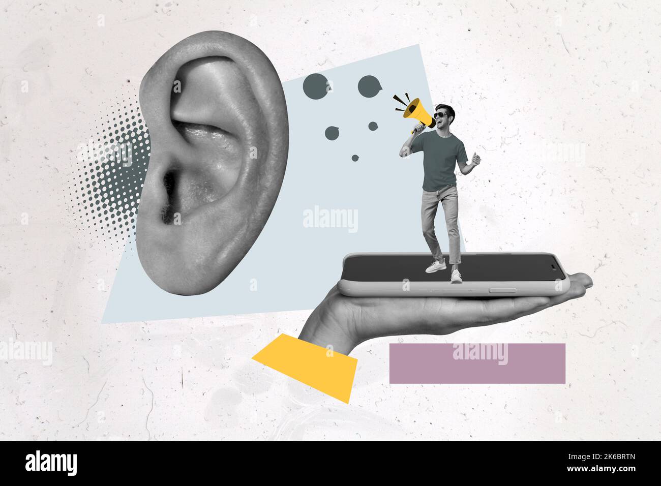 Creative photo 3d collage poster postcard artwork of funny man stand ...