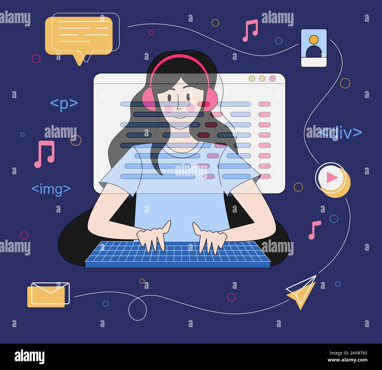Girl Coding A Web Page While Listening To Music At Night Coding Woman Stock Vector Image And Art