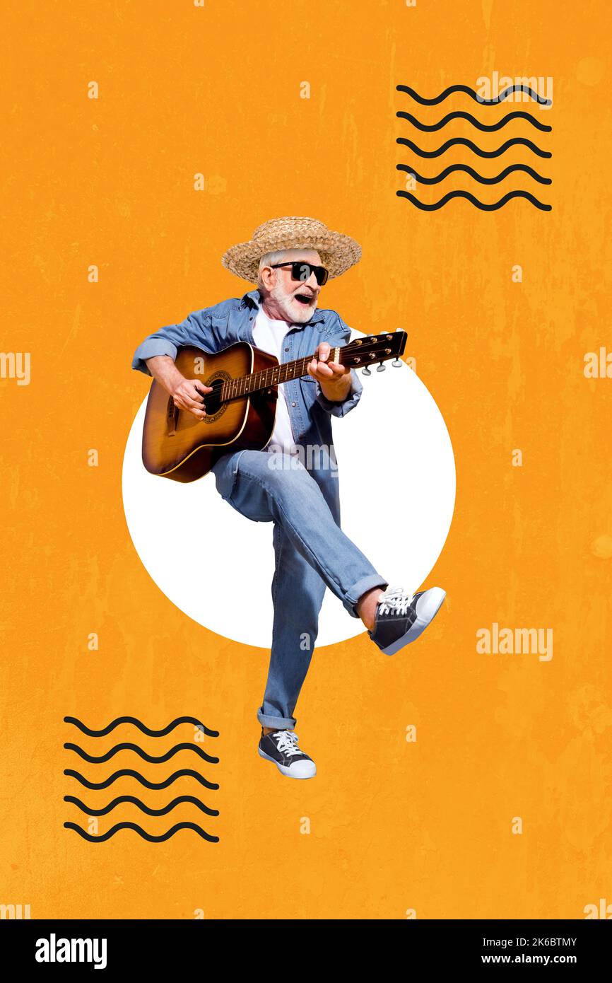 Vertical collage photo of old retired senior man wear hat dancing ...