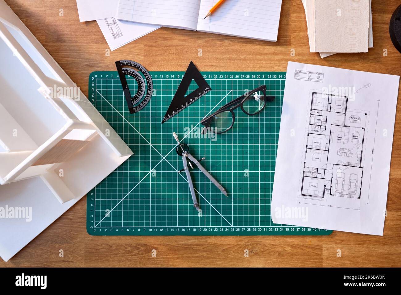 Overhead Shot Of Desk In Architects Office With Plans Drawing ...