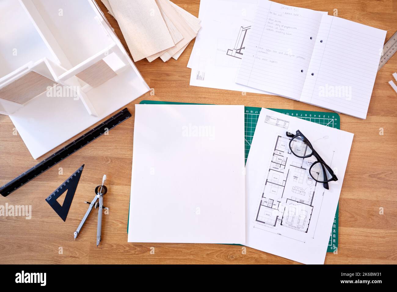 Overhead Shot Of Desk In Architects Office With Plans Drawing ...