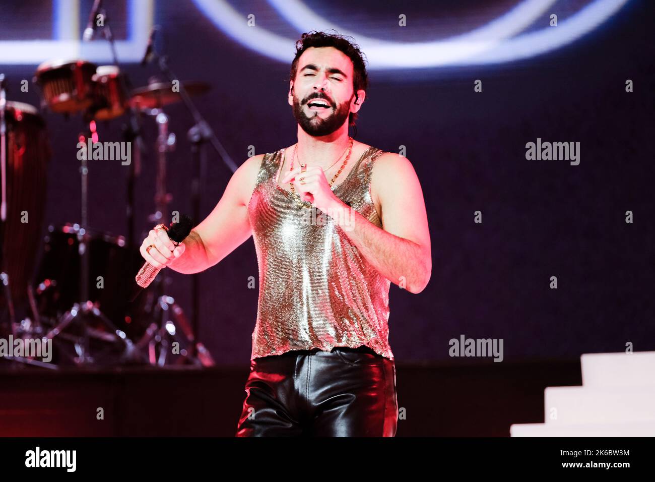 The Italian singer Marco Mengoni performs on the stage of the Pala ...