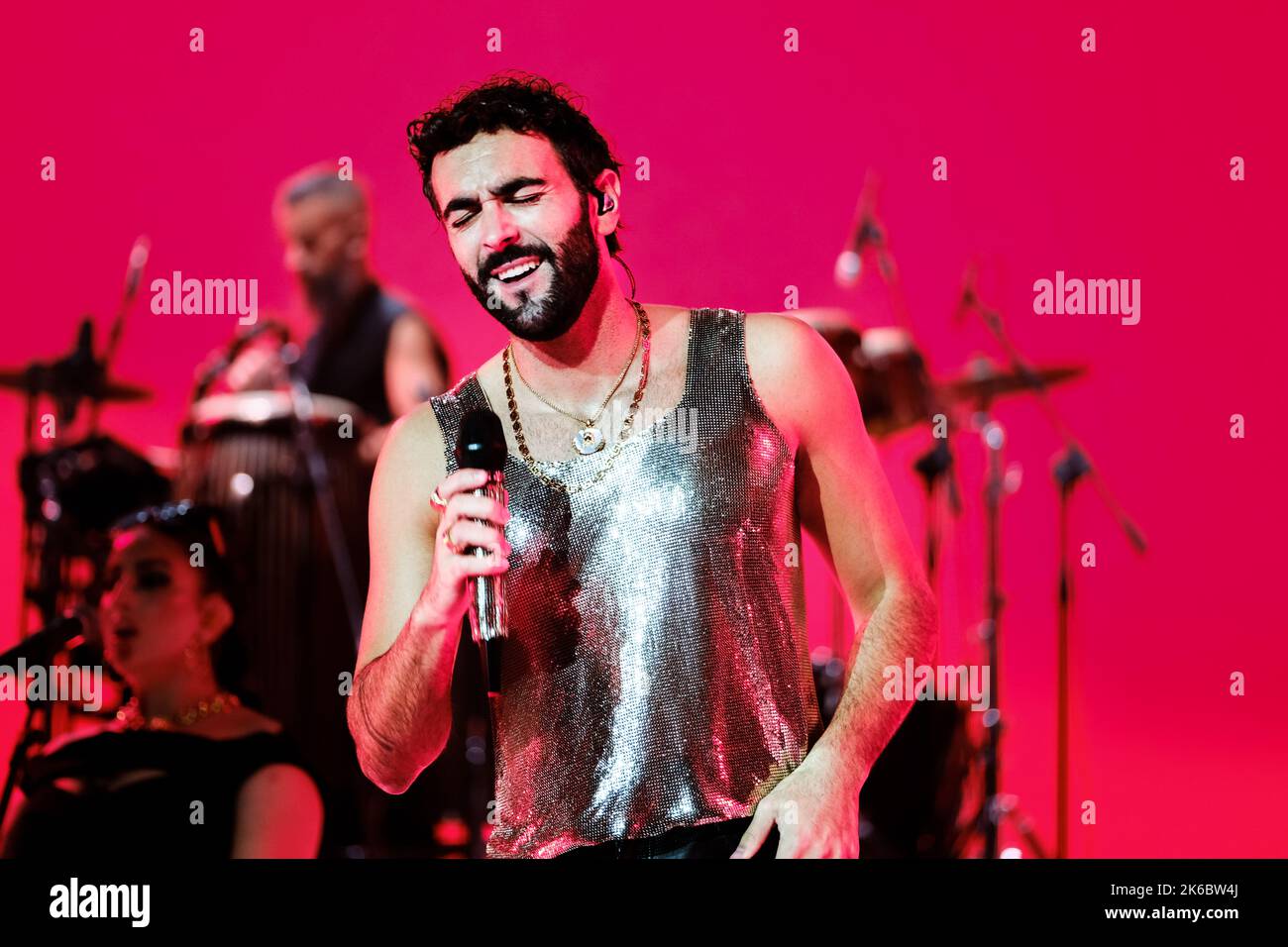 The Italian singer Marco Mengoni performs on the stage of the Pala ...