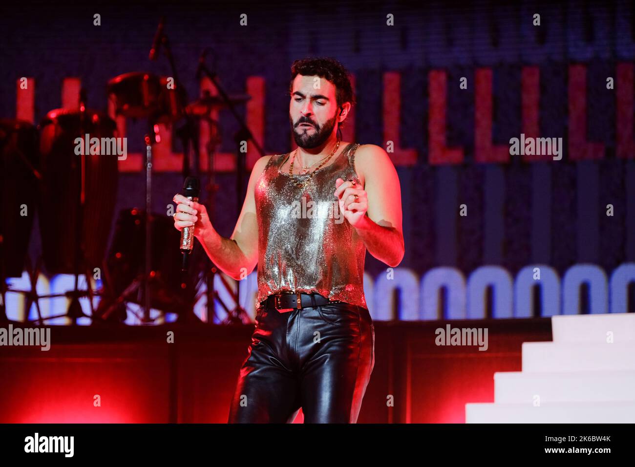 The Italian singer Marco Mengoni performs on the stage of the Pala ...