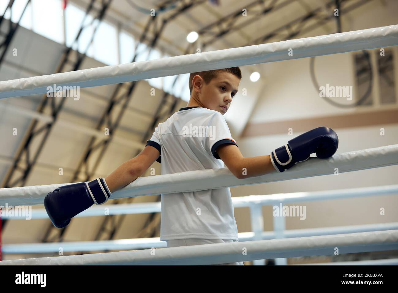 Life portrait of little boy, beginner boxer in sport uniform during ...