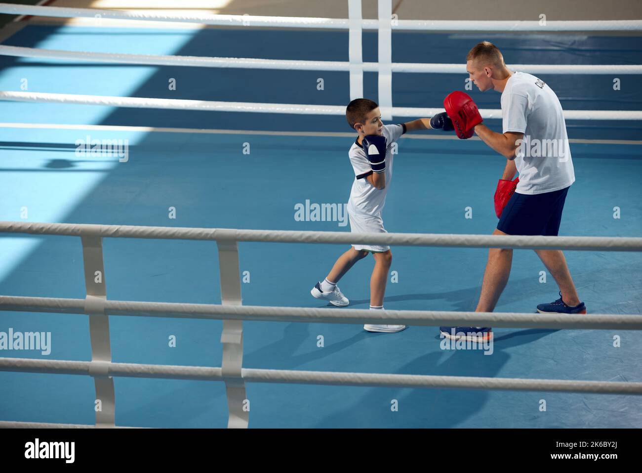 Two athletes, son and father is doing sports in gym. Beginner boxer ...