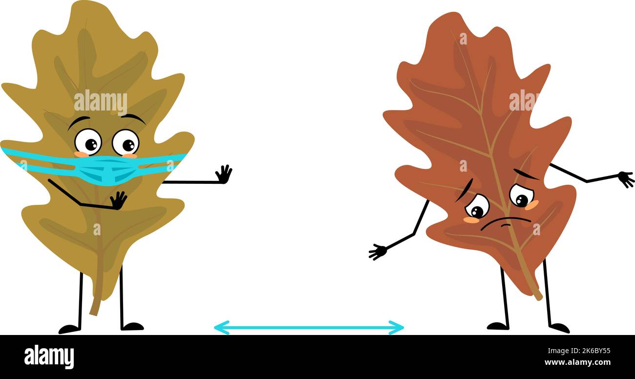 Oak leaf character with sad emotions, face and mask keep distance, arms ...