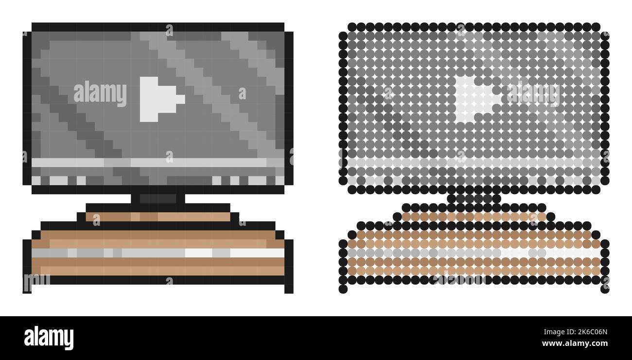 Pixel icon. Flat screen TV on home theater table. Watching movie at ...