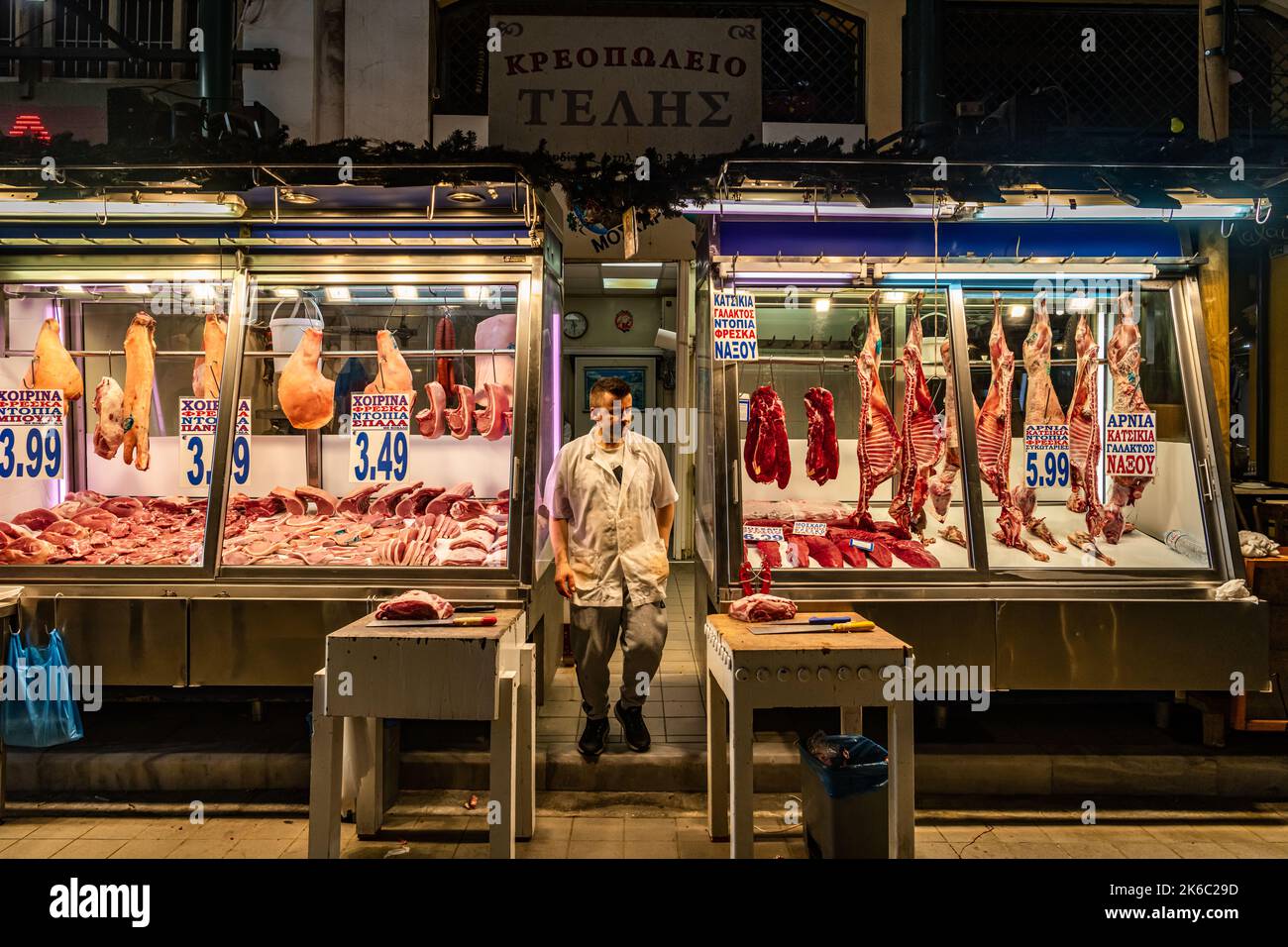 Butcher at Varvakeios Agora - an Athens Fresh Market Stock Photo - Alamy