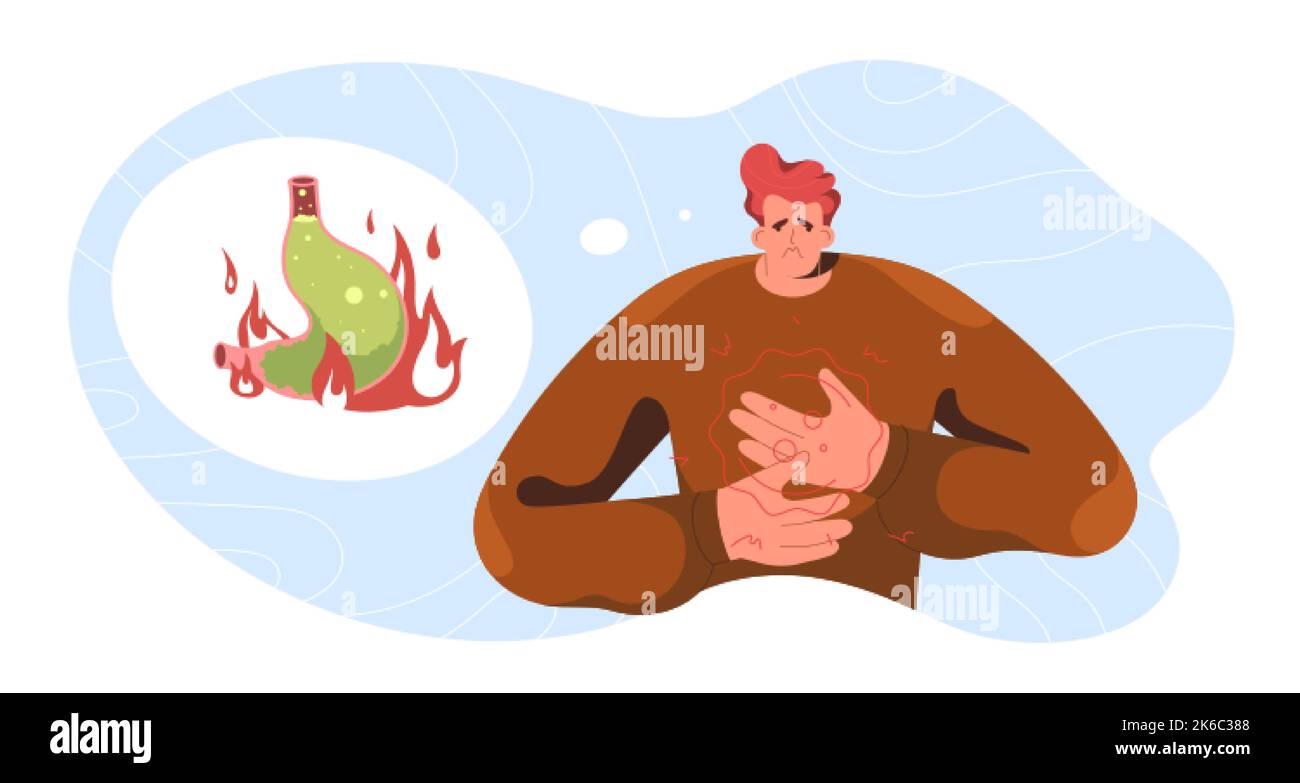 Flat unhappy man with stomachache. Sick character suffering from ...