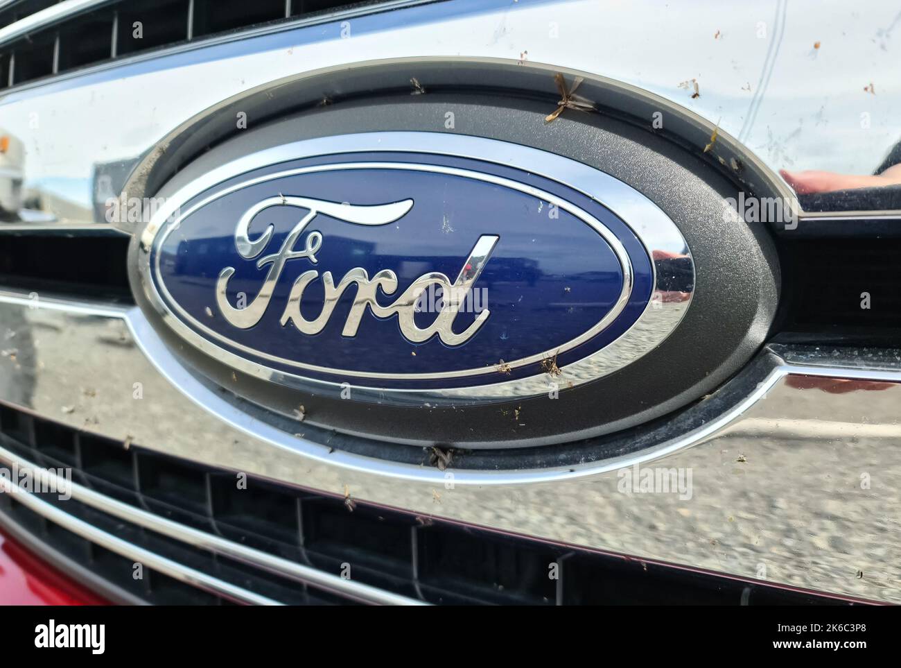A big blue Ford logo at the front of a truck with some dead insects on ...