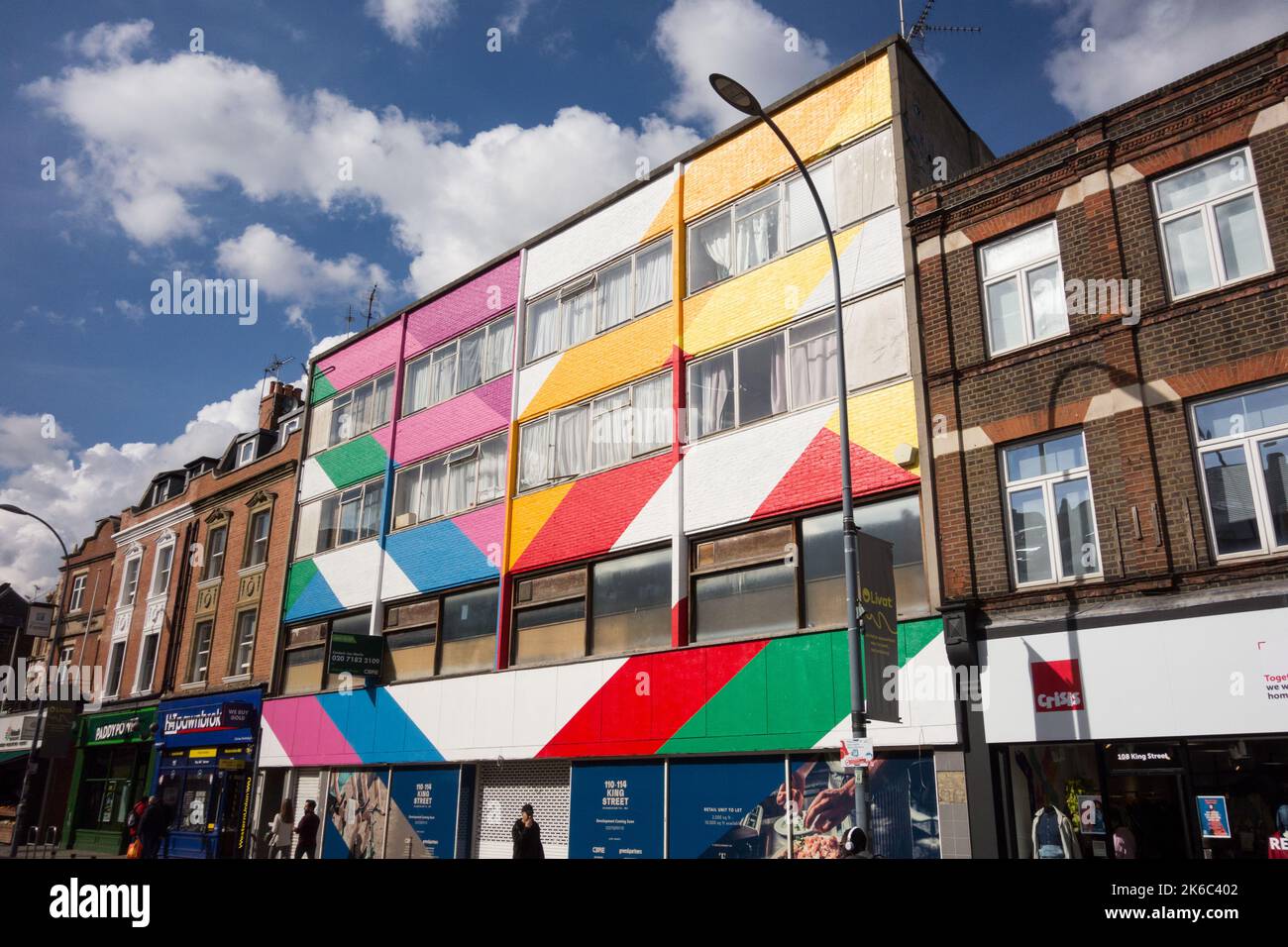 A colourful multicoloured building on King Street, Hammersmith, west ...