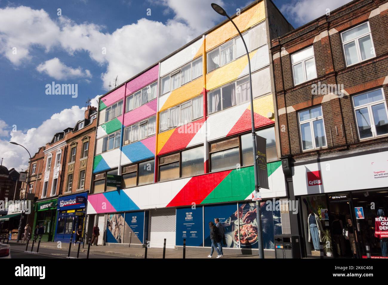 A colourful multicoloured building on King Street, Hammersmith, west ...