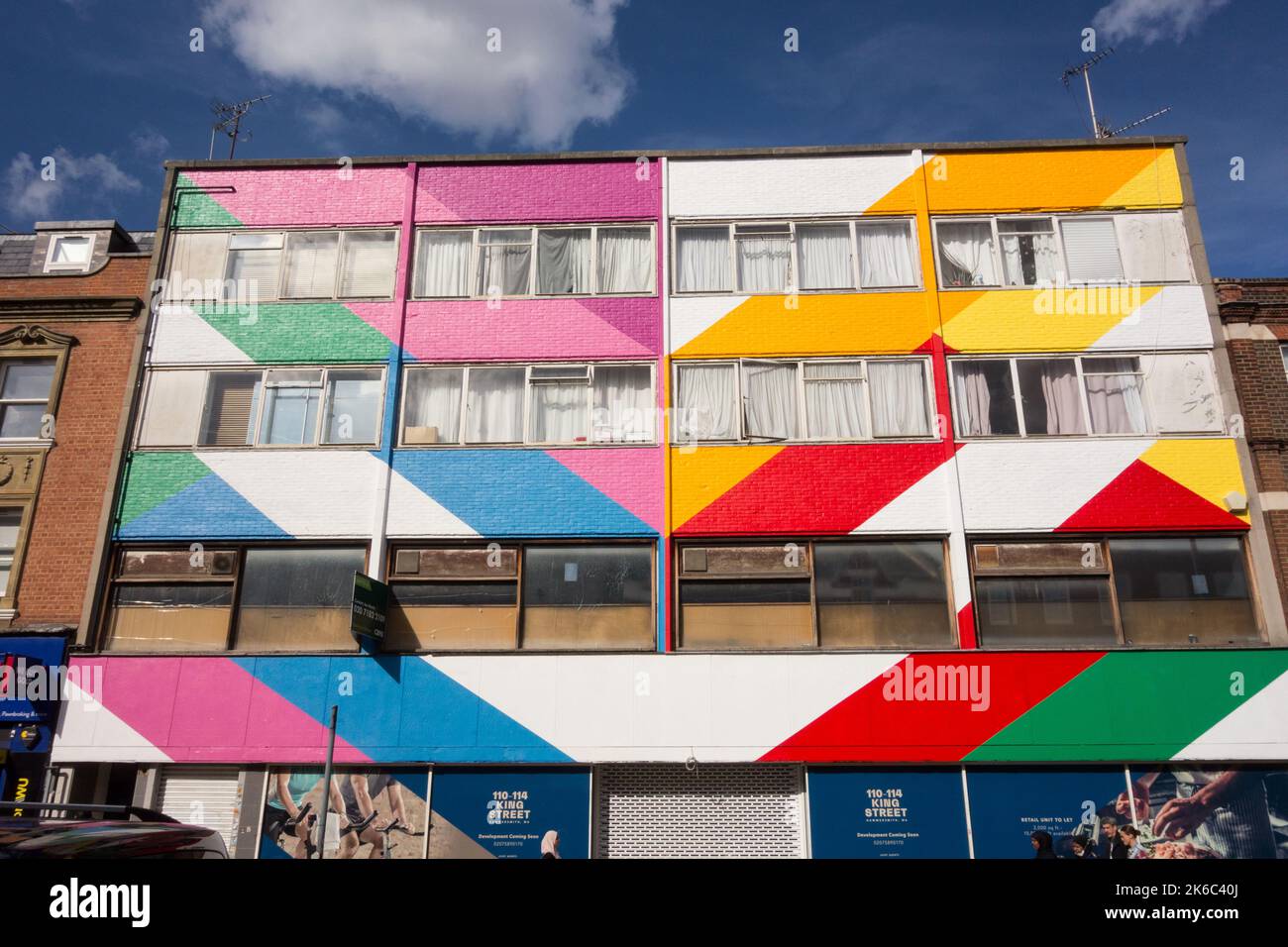 A colourful multicoloured building on King Street, Hammersmith, west ...