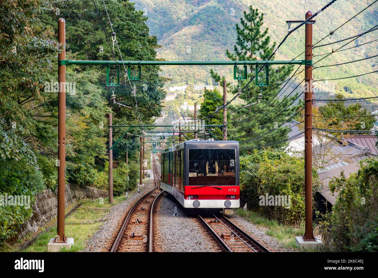 Japanese train traveling in the mountains in Hakone, Japan Stock Photo ...