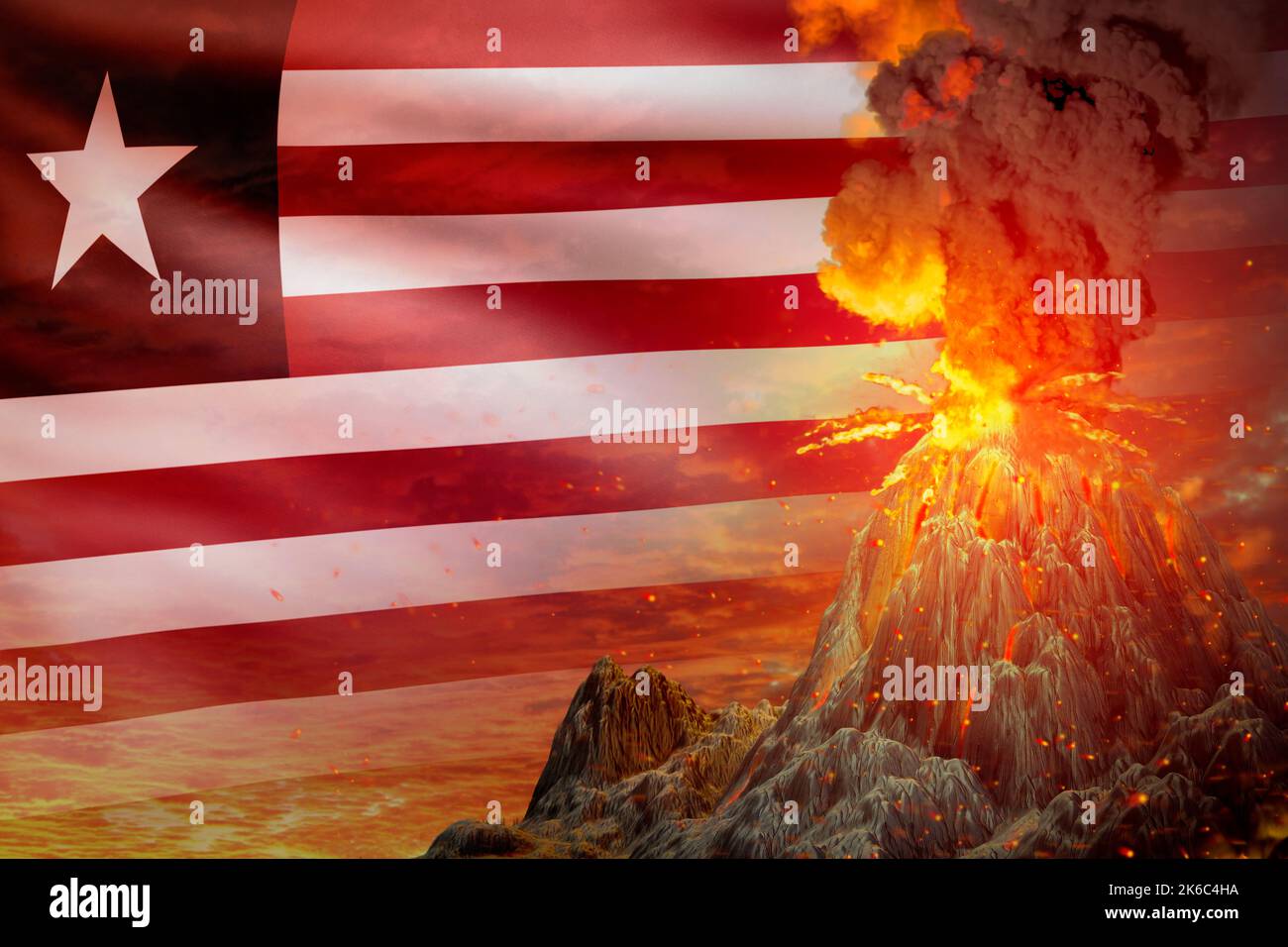 big volcano blast eruption at night with explosion on Liberia flag ...