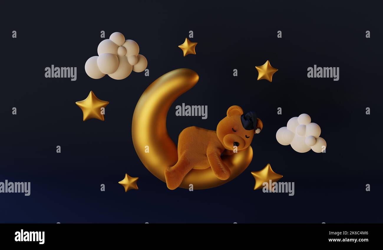Cute little teddy bear sleeping on the moon. 3D render Stock Photo - Alamy