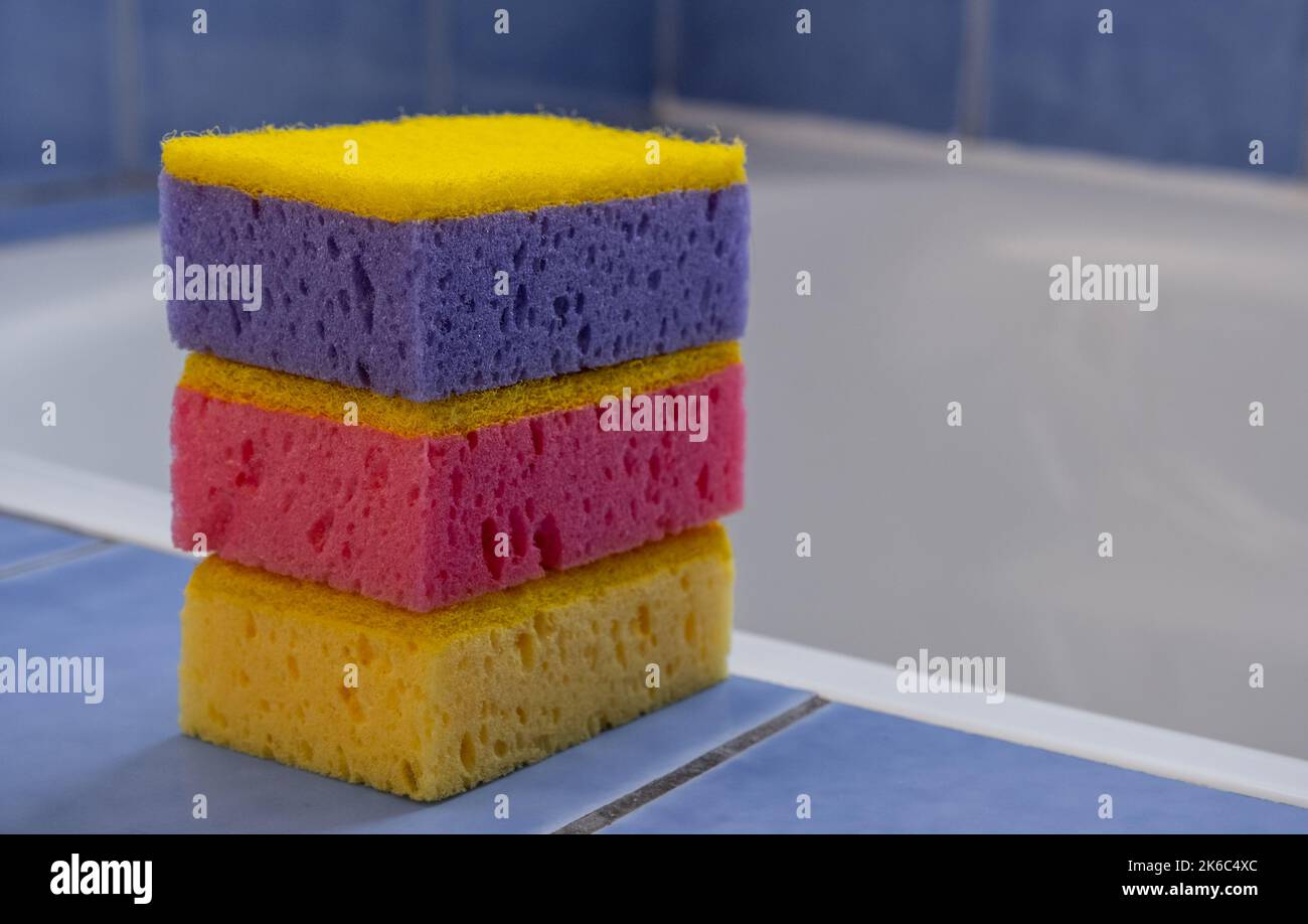Sponges inside bathroom, closeup. Set of colorful accessory for house ...