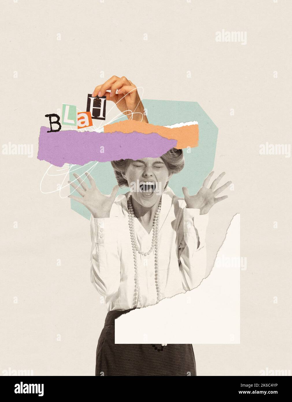 Contemporary art collage. Conceptual image with young girl screaming in ...