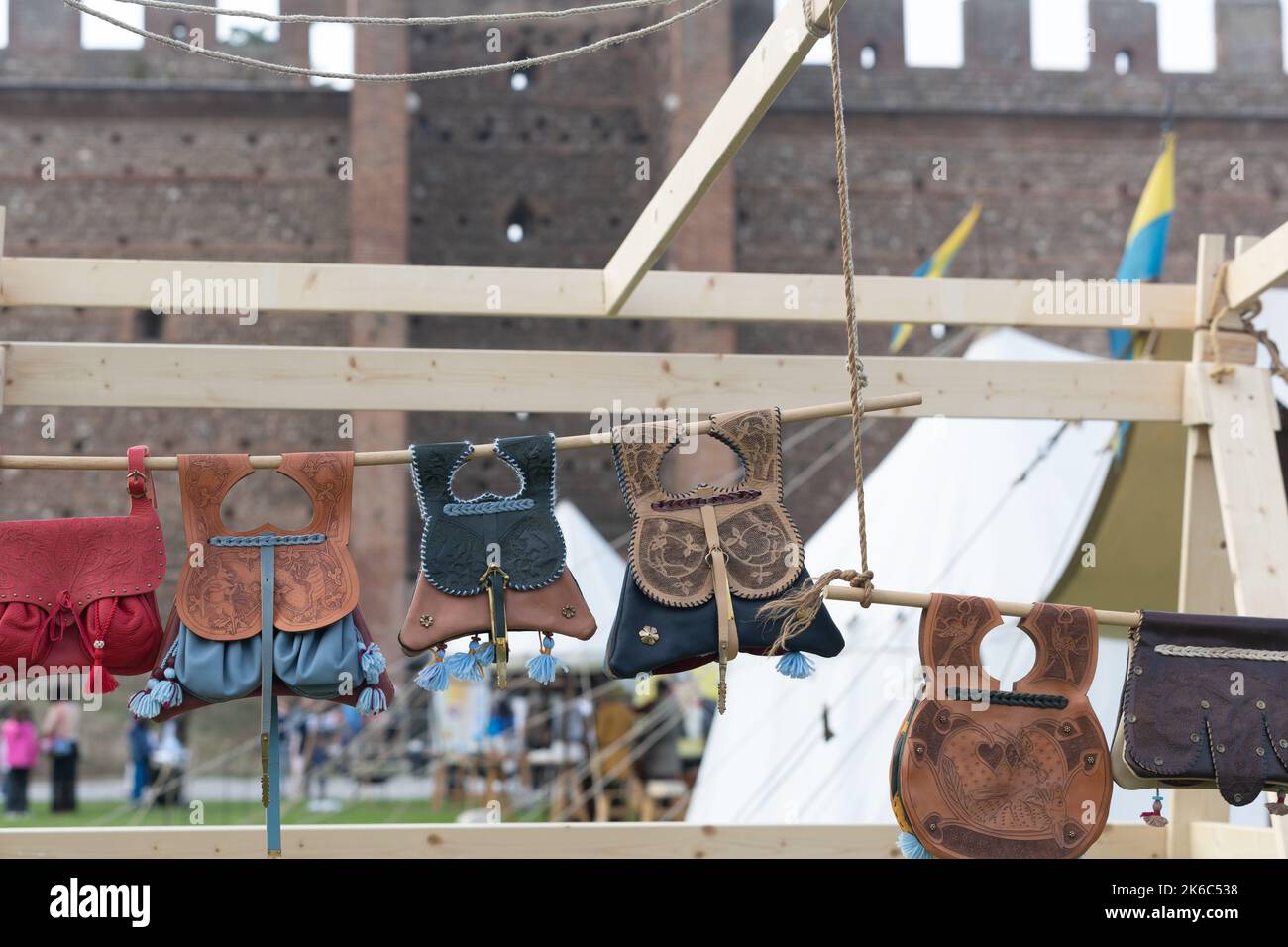 handmade vintage bags in the medieval market Stock Photo - Alamy