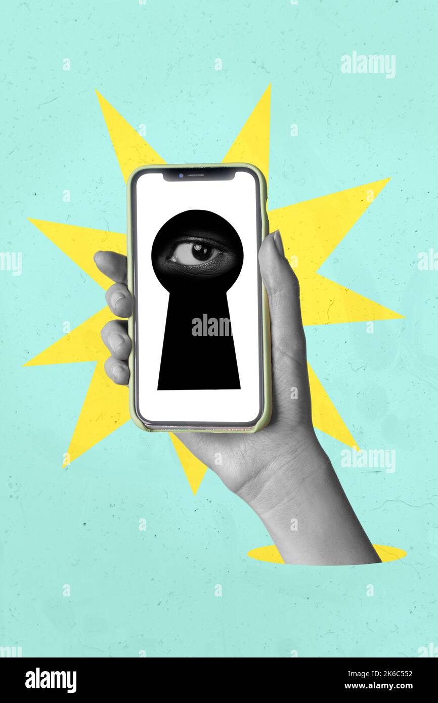 Collage photo of robbery eye trying unlock new smartphone antivirus app ...