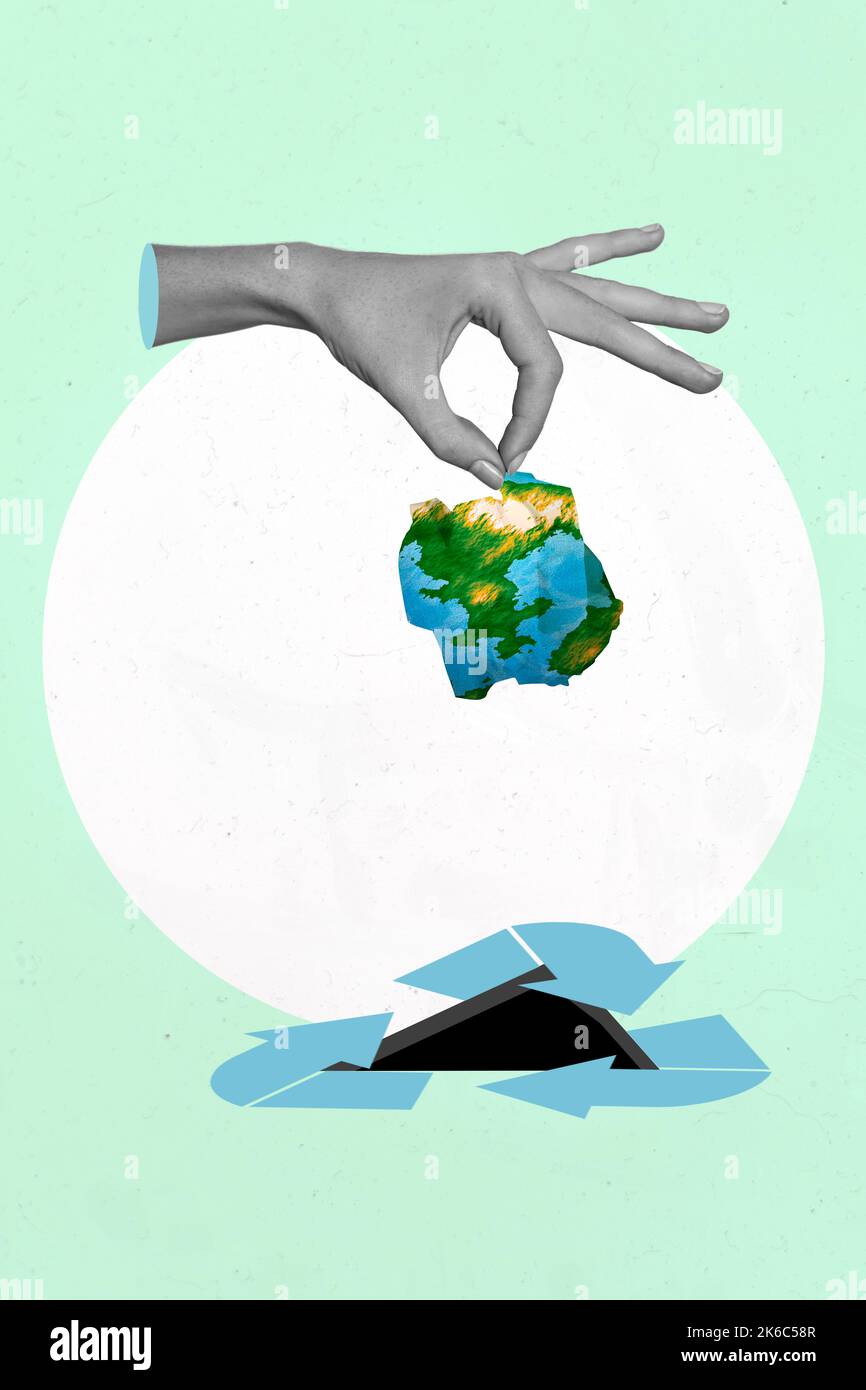 Collage photo of creative abstract ecology friendly hand hold used ...