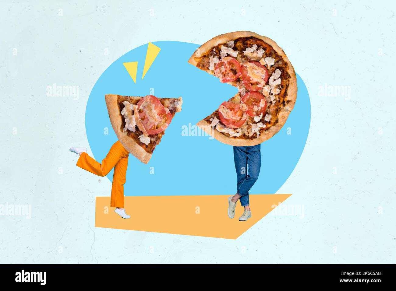 Picture advert collage of two freak people with pizza body have match ...