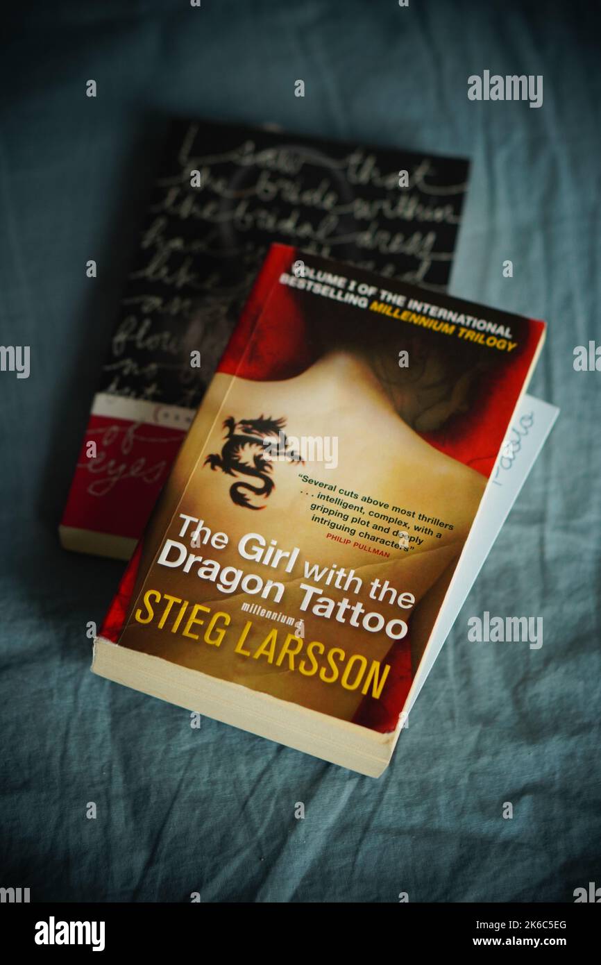 A vertical shot of Stieg Larsson's The Girl With The Dragon Tattoo book ...
