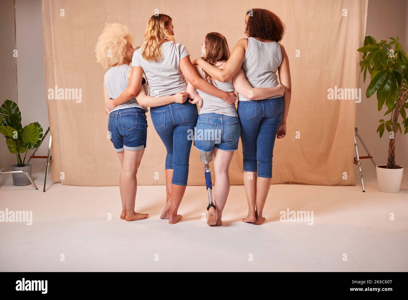 Rear View Of Body Positive Diverse Casually Dressed Women Friends One ...