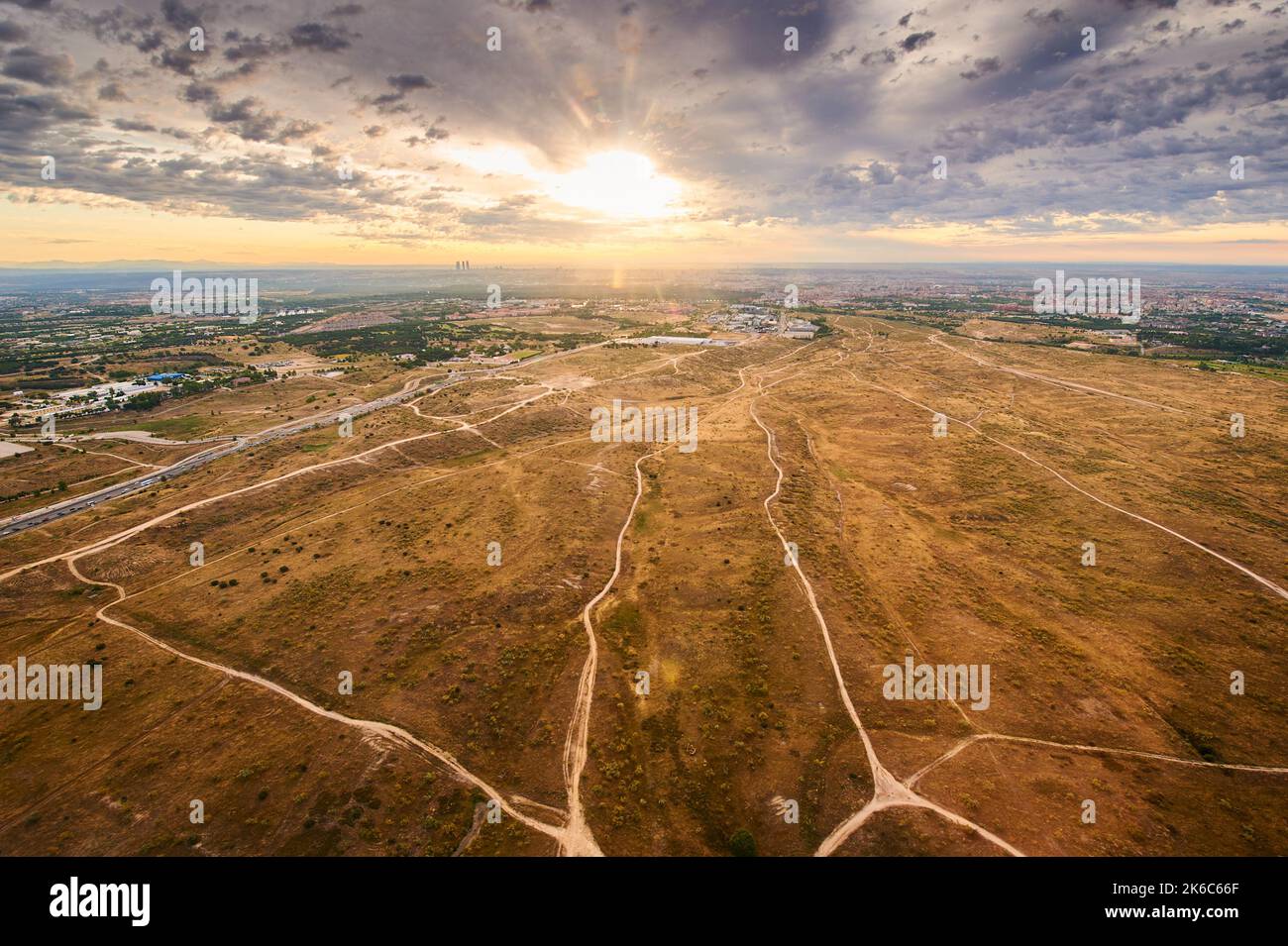 Landscape in aerial view of Madrid at sunrise Stock Photo - Alamy