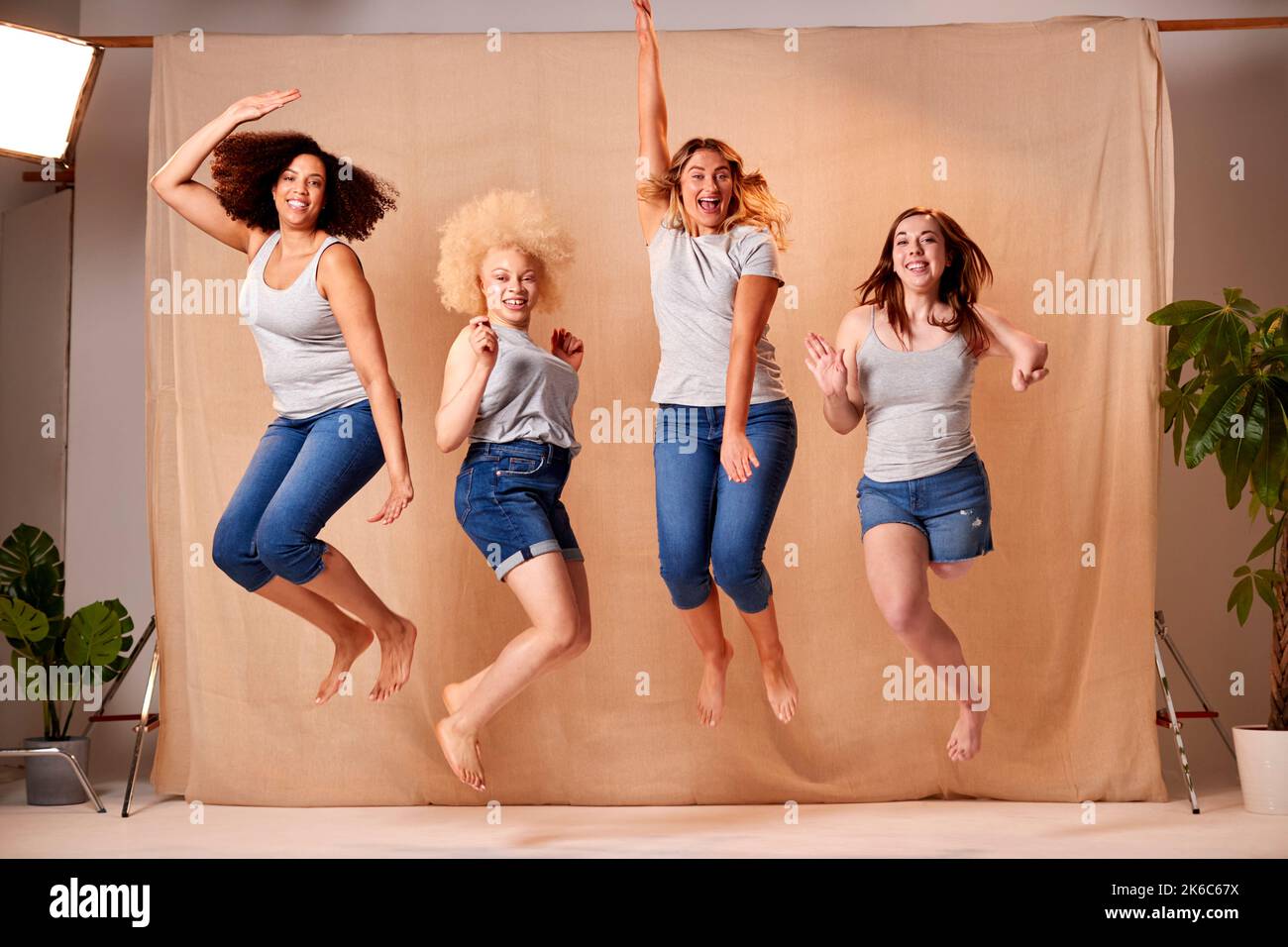 Group Of Diverse Body Positive Casually Dressed Women Friends One With ...