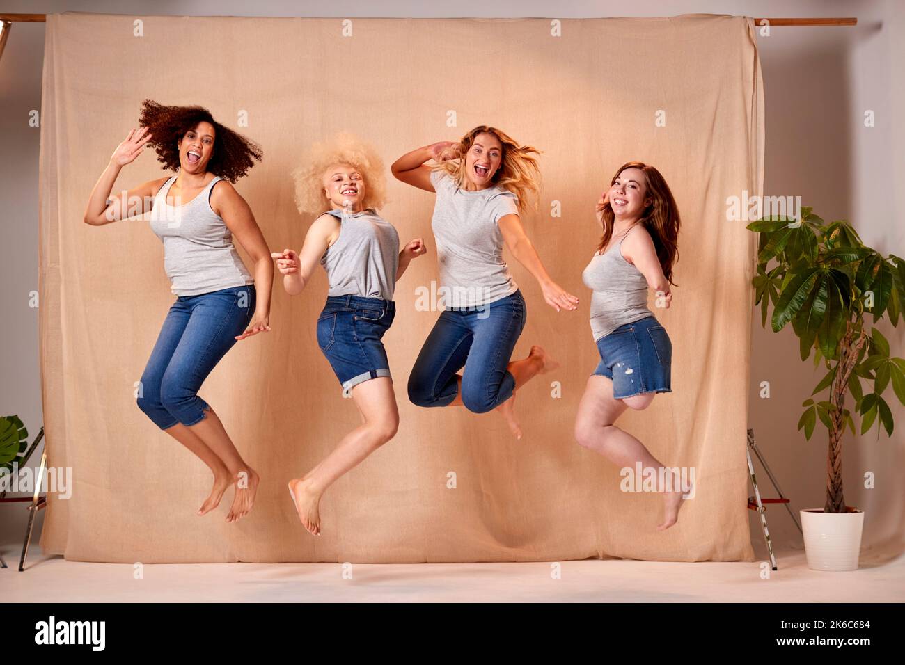 Group Of Diverse Body Positive Casually Dressed Women Friends One With ...