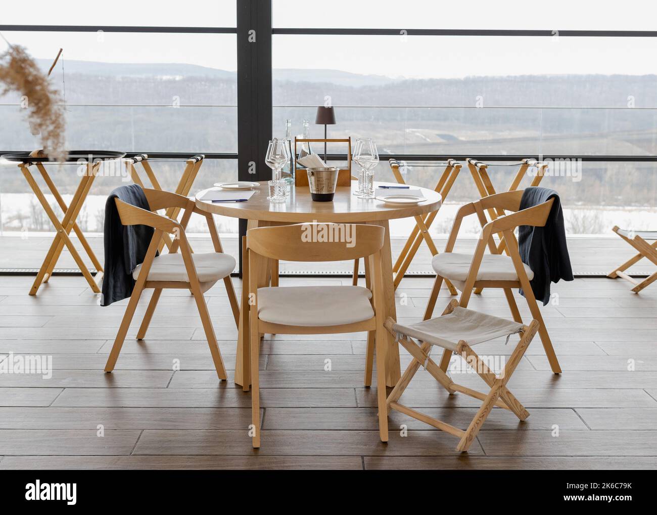 Set of glasses for two sommeliers at restaurant table for wine tasting ...