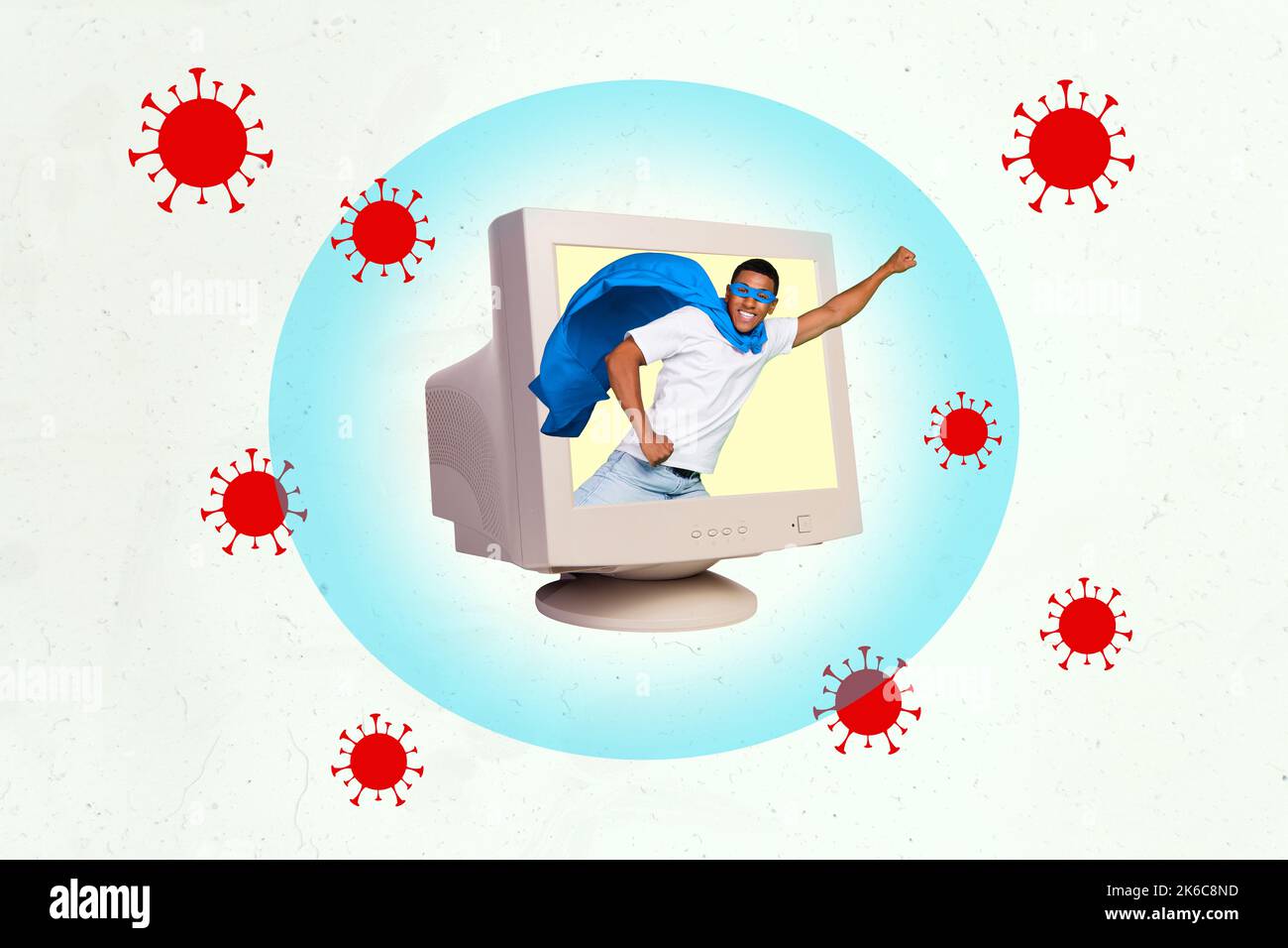 Banner magazine collage of pc computer screen with brave man antivirus ...