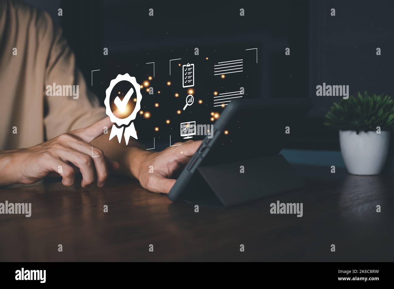 Businessman with tablet and sign of the top service and correct. ISO ...