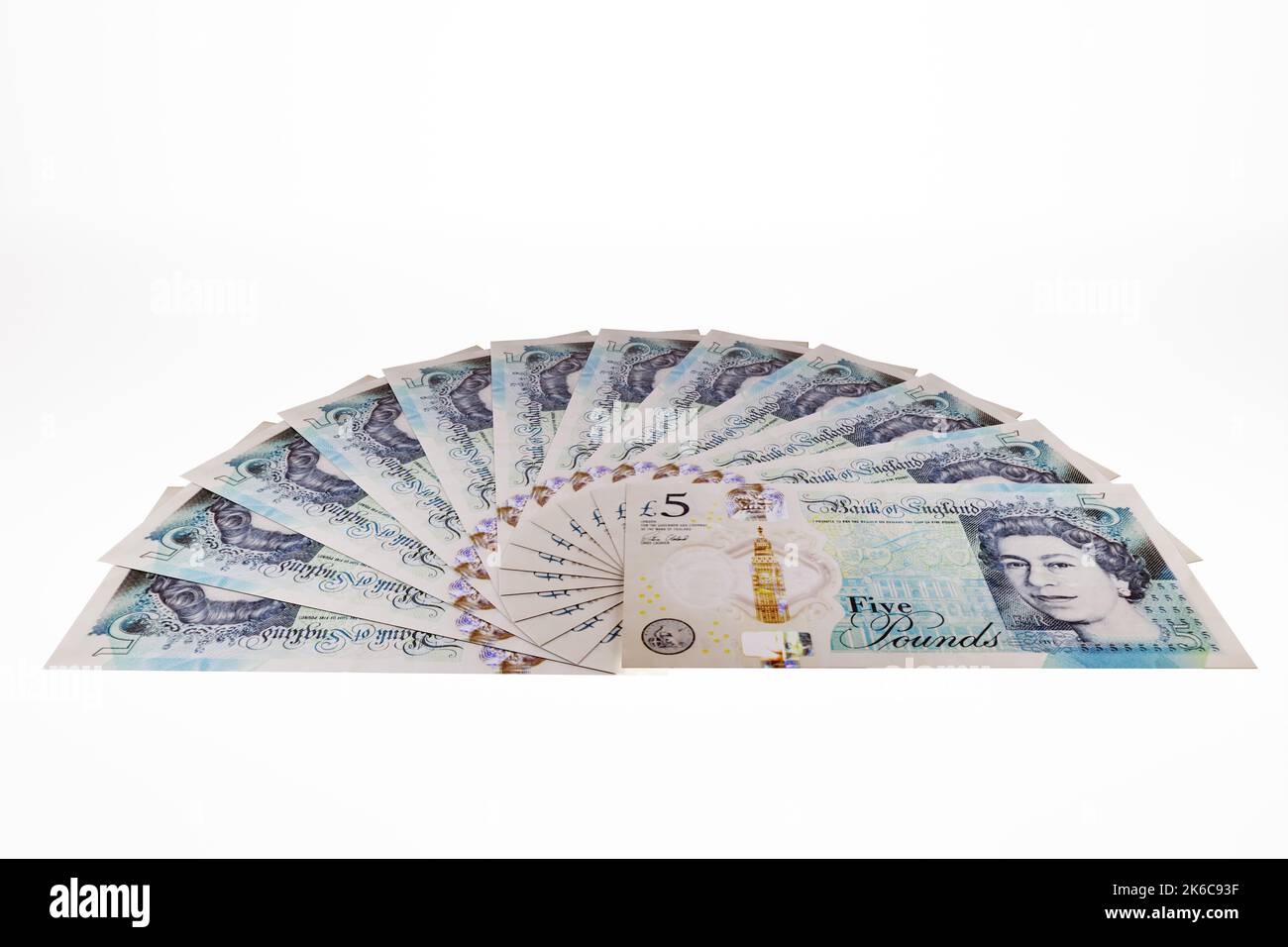 UK money banknotes fan of UK polymer £5 notes five pound banknotes ...