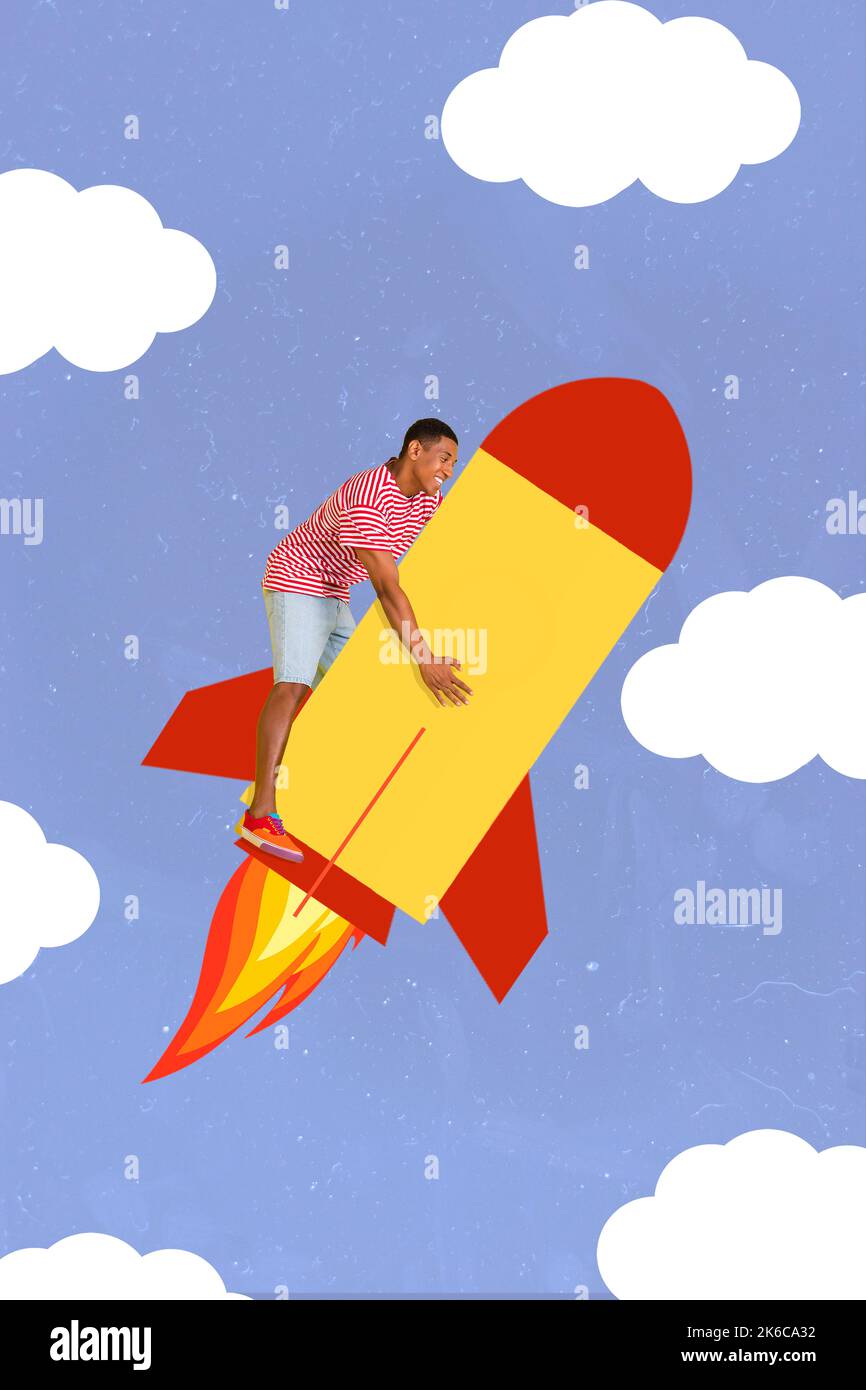 Creative photo 3d collage poster postcard artwork of happy young guy ...