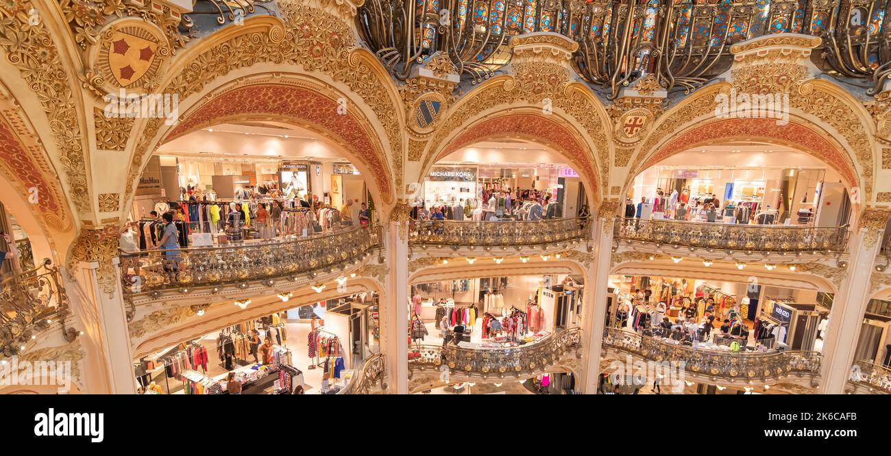 Interior view of Galeries Lafayette Haussmann in Paris, France. Department stores boulevard ...