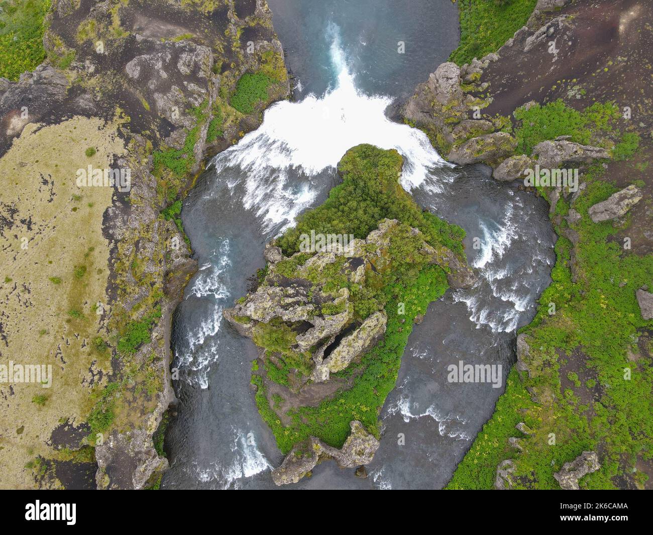 Drone view at Hjalparfoss waterfall on Iceland Stock Photo - Alamy