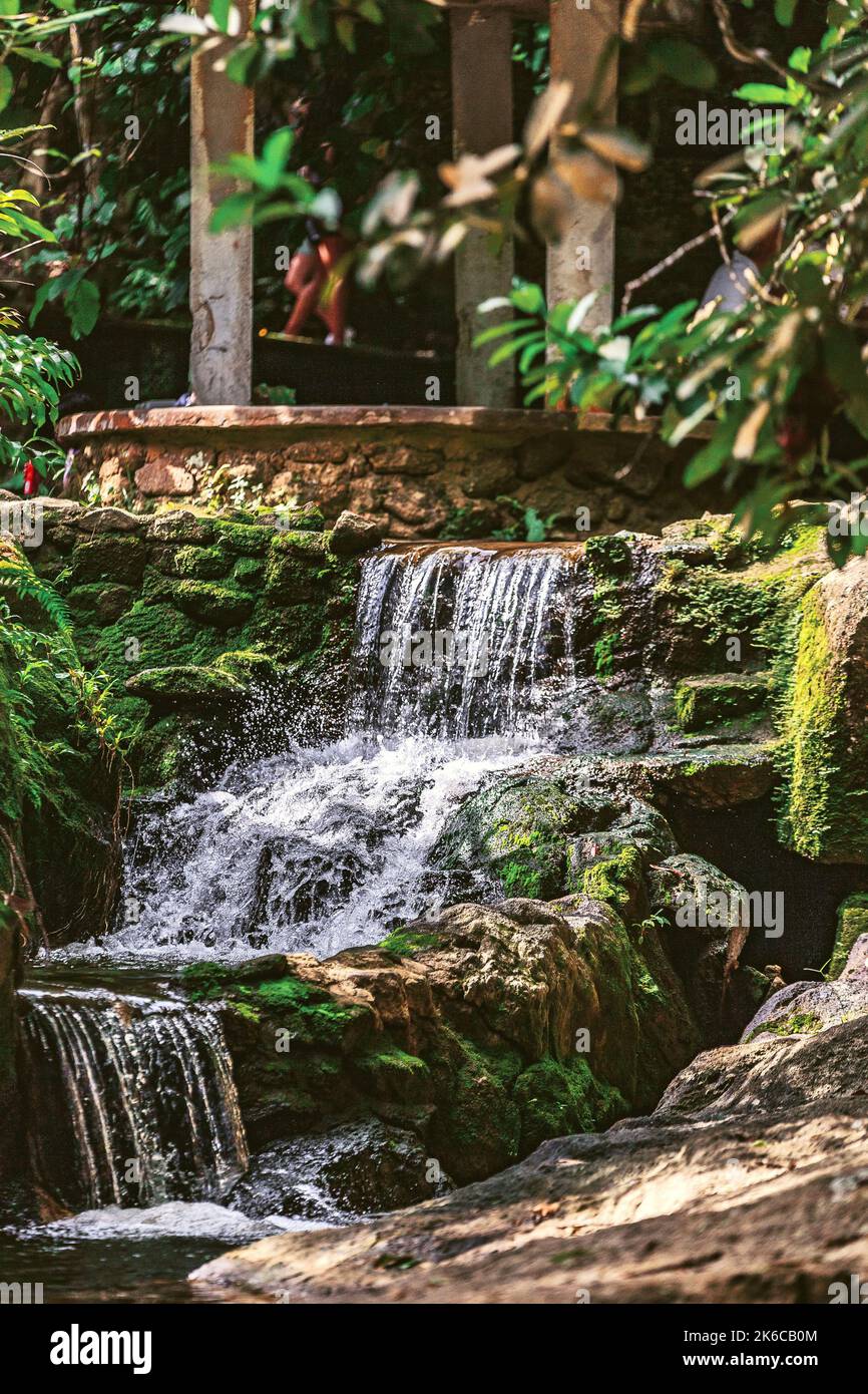 A vertical shot of a small splashing waterfall near a temple in ...