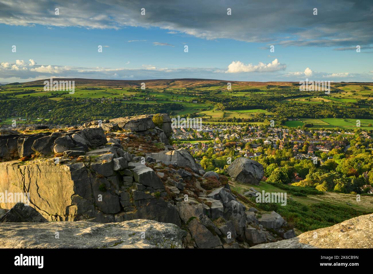 The Cow & Calf Rocks (scenic rural view overlooking village in Wharfe ...