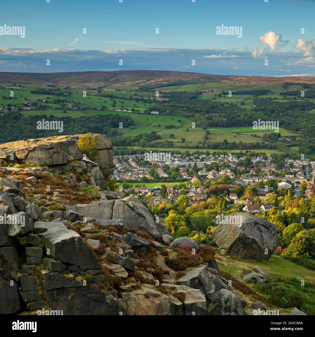 The Cow & Calf Rocks (scenic rural view overlooking village in Wharfe ...
