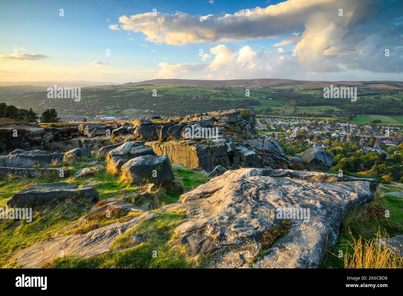 The Cow & Calf Rocks (scenic rural view overlooking village in Wharfe ...