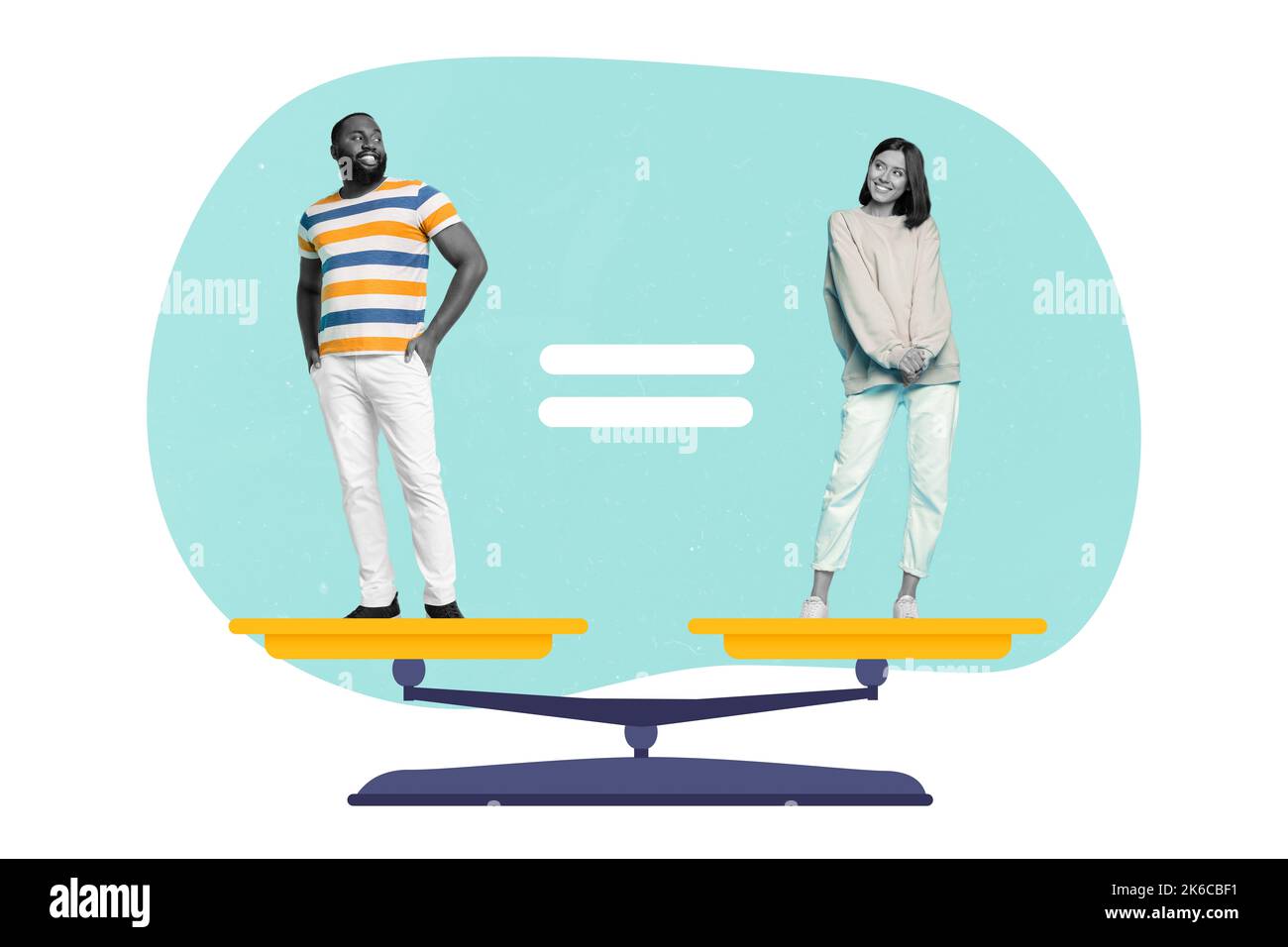 Collage photo of young couple diversity man woman stay scales excited ...