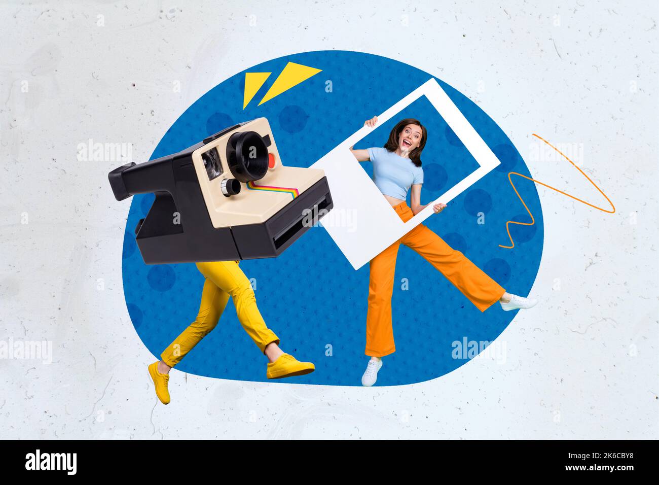 Banner image collage of unusual person with photo camera body recording ...