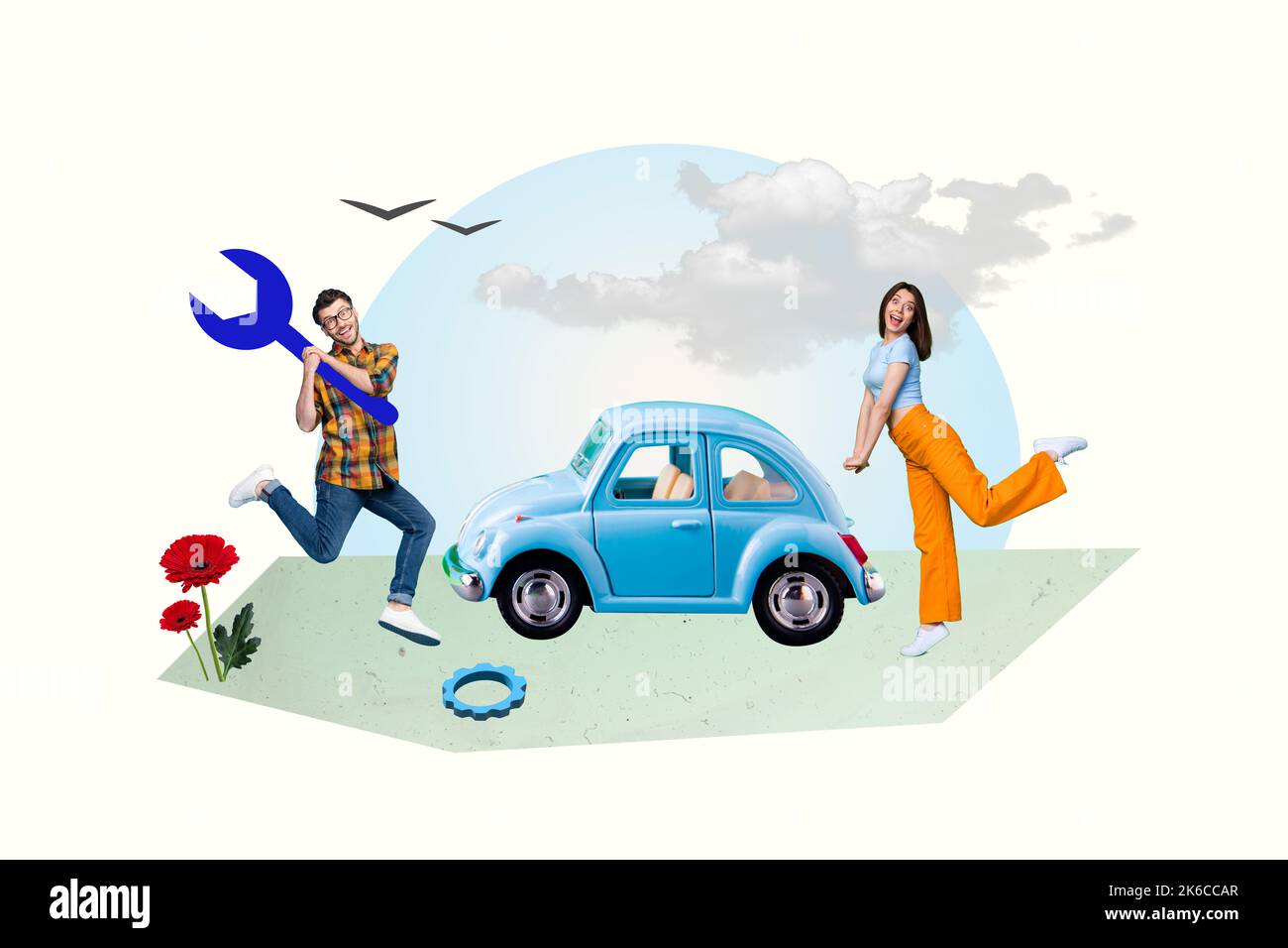 Picture banner collage of two people customer client with damage car ...