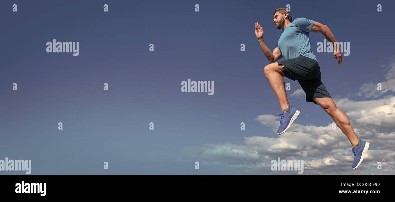 Man running and jumping, banner with copy space. muscular man running ...