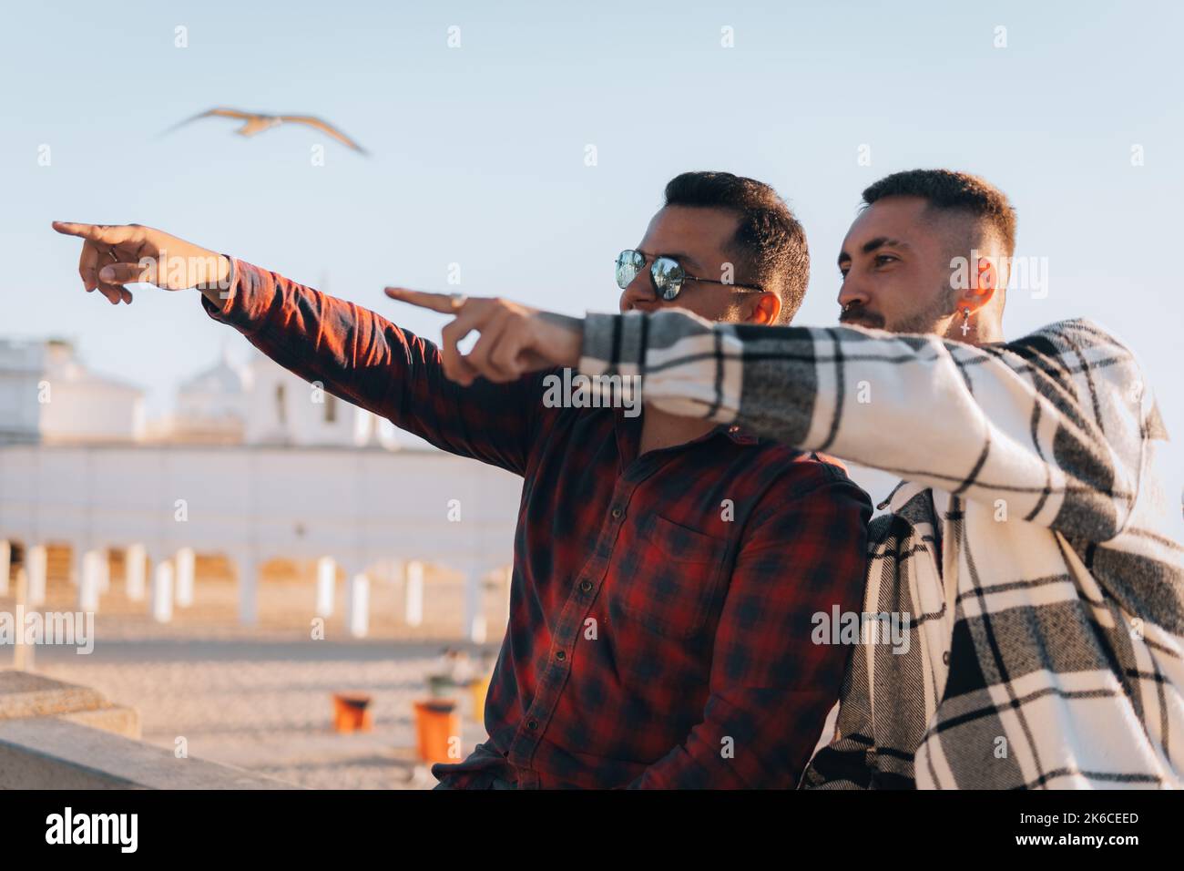 Two cool Caucasian young men in checks shirts pointing fingers with ...