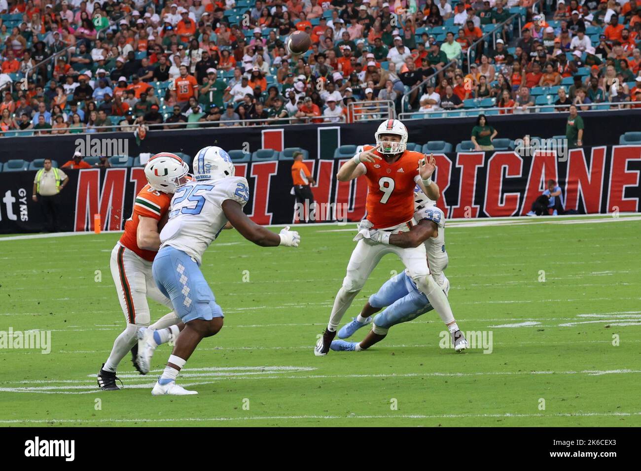 Miami Hurricanes quarterback Tyler Van Dyke (9) passes the ball before ...