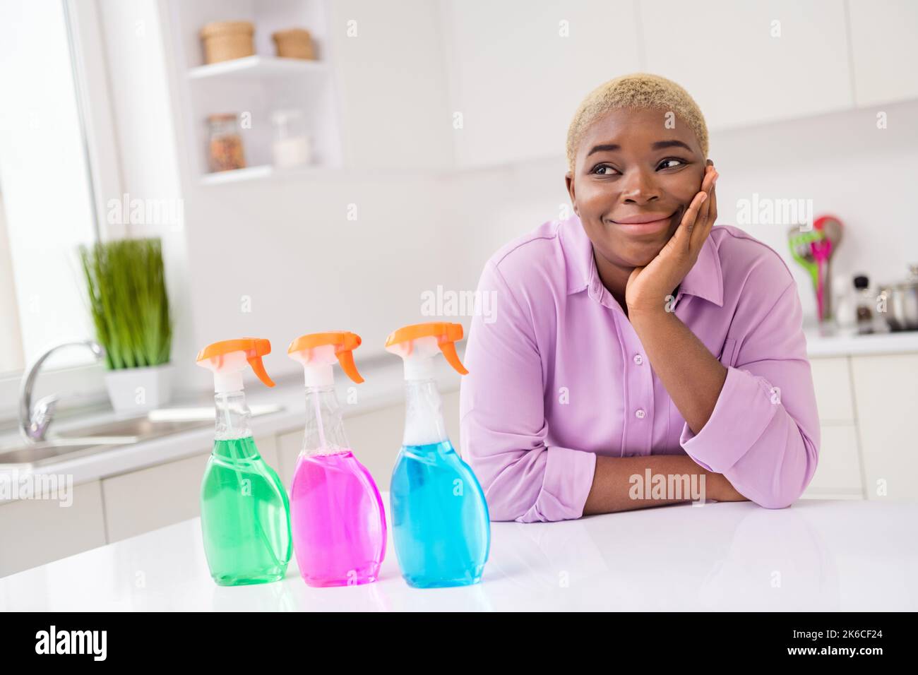 Photo of minded positive lady hand touch cheekbone brainstorming ...